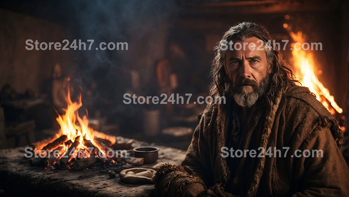 Ancient Shaman by Firelight Portrait: AI-Image for Sale