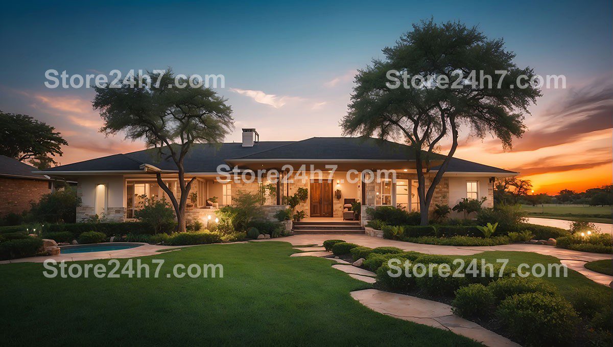 Sublime Sunset Estate with Lush Gardens: AI-Image for Sale