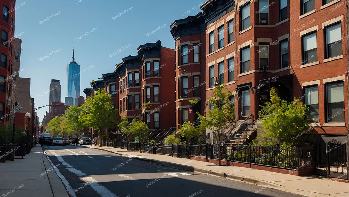 Brooklyn Brownstones Skyline View Street | Image 4080 x 2304 px