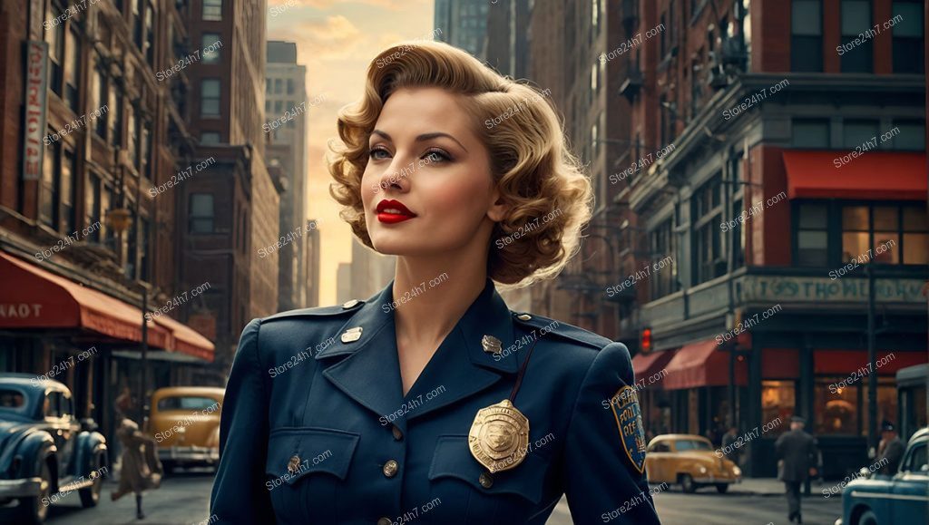 Vintage Police Pin-Up Against Urban Backdrop | Image 4080 x 2304 px