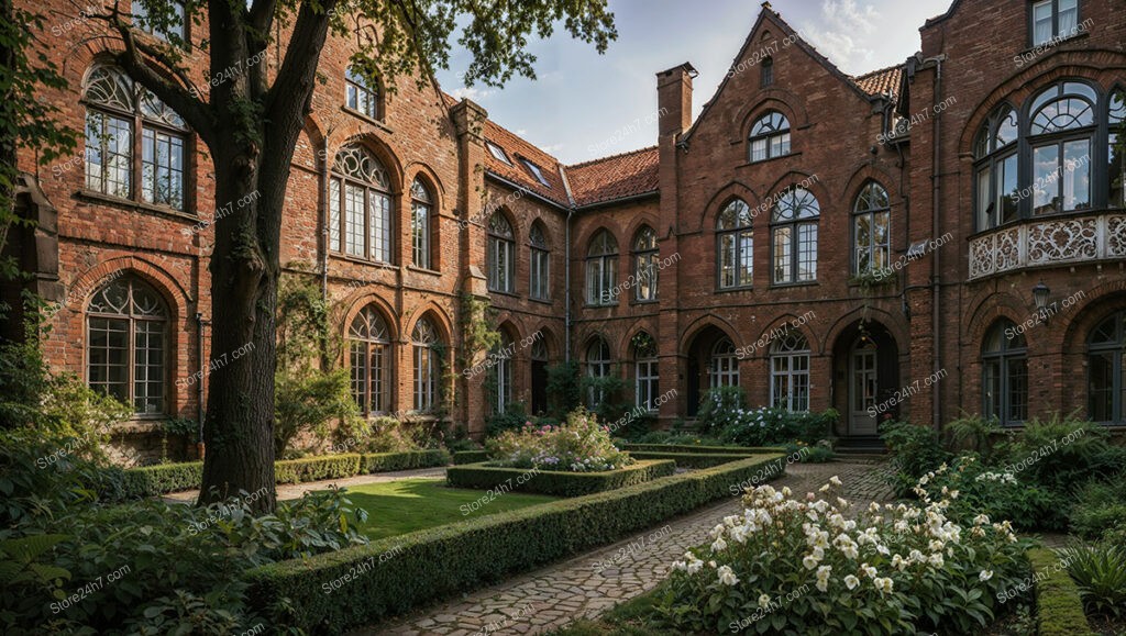 Grand Gothic Courtyard with Elegant Red Brick Facades | AI Images ...